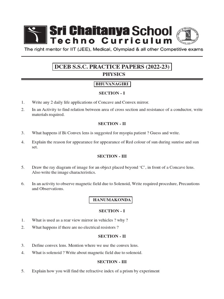 10th Class Physics Ts Dceb Practice Papers (2022 - 23) | PDF | Mirror ...