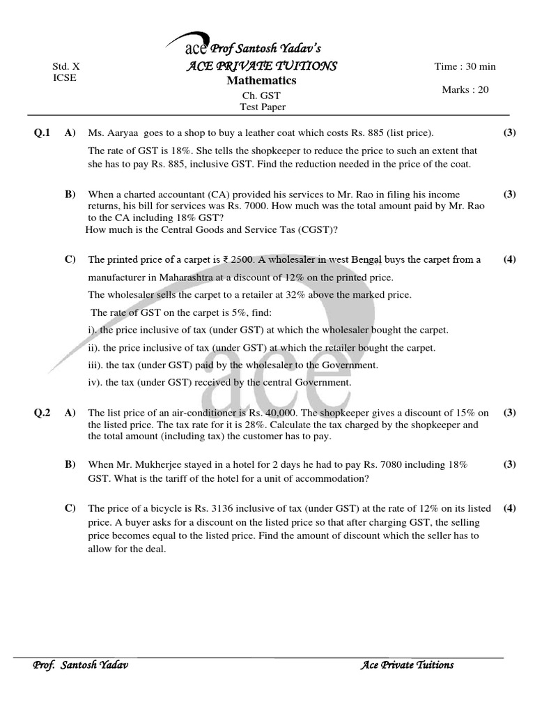 X ICSE Ch. GST Test Paper QP | PDF | Value Added Tax | List Price