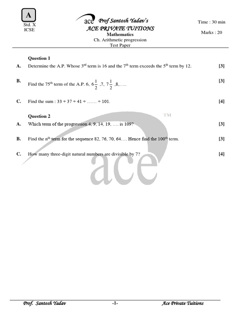 Arithmetic Progression Test Paper | PDF