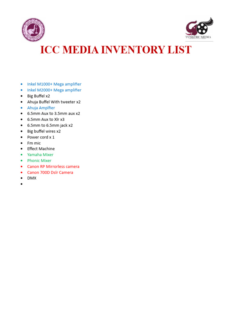 ICC Media Equipment Inventory List | PDF | Games & Activities