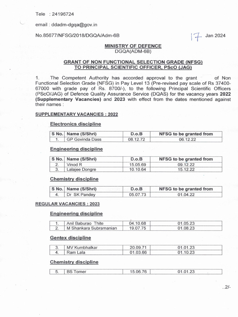 GRANT OF NON FUNCTIONAL SELECTION GRADE (NFSG) TO PScO17012024 | PDF