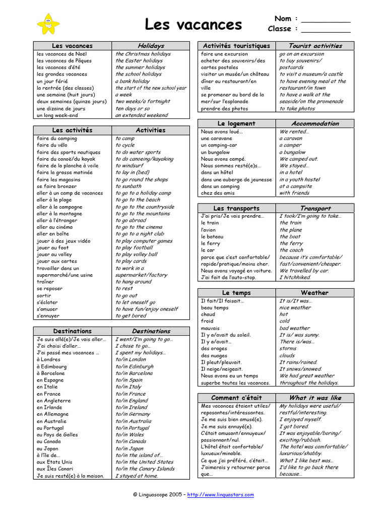 Vocabulaire des vacances et activités | PDF
