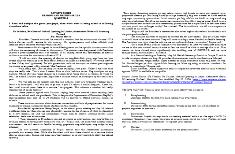 Activity Sheet - RWS | PDF | Pandemic