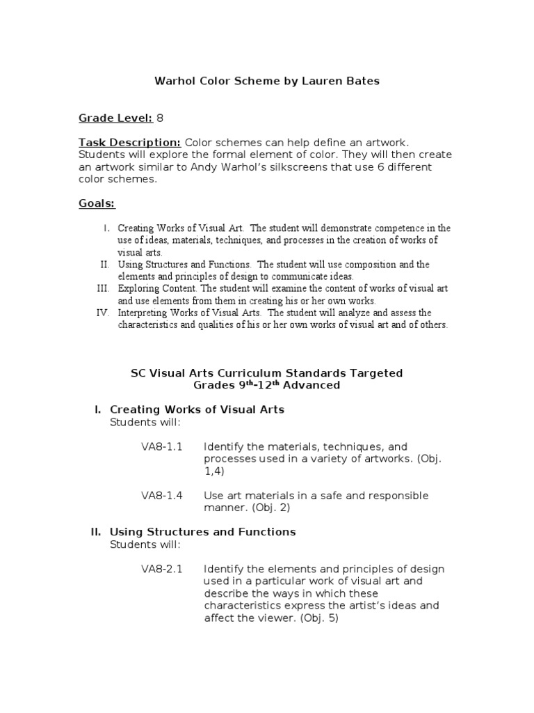 Warhol Color Scheme Lesson Plan | PDF | Paintings | Andy Warhol