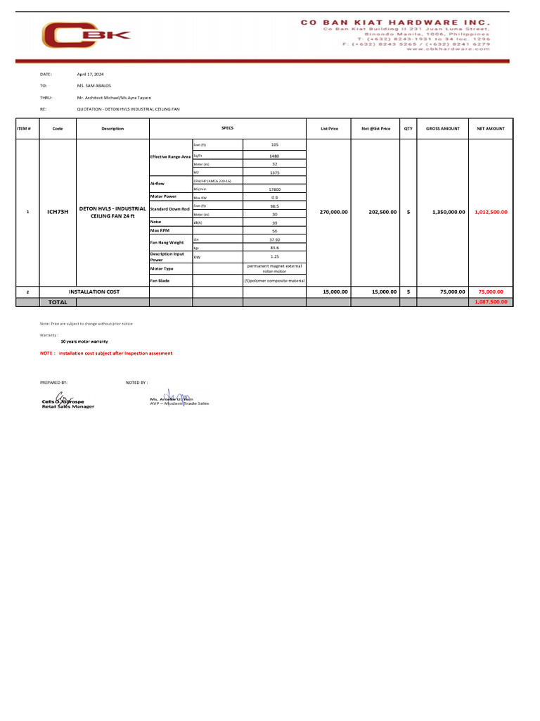 Quotation Deton Hvls Maquiling Nasugbo | PDF | Machines
