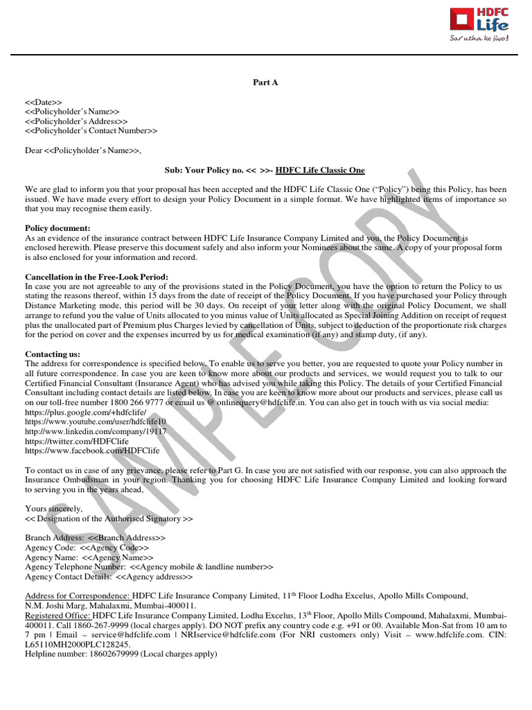 HDFC SL Classic One Standard 101L132V01 Policy Document | PDF ...