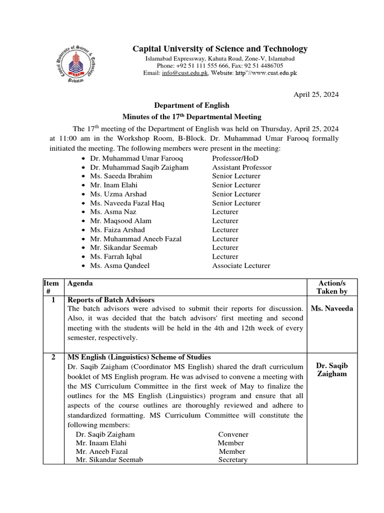 Meeting Minutes of 17th Departmental Meeting | PDF | Human Communication