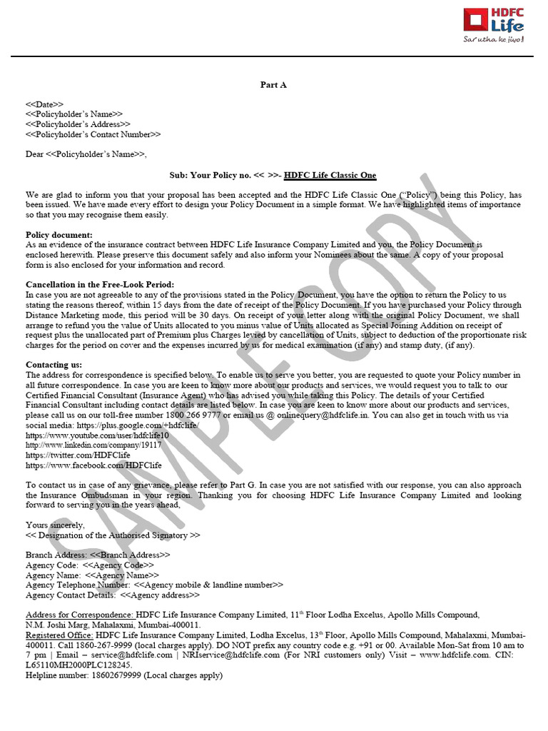 HDFC SL Classic One Standard 101L132V01 Policy Document | Download Free ...