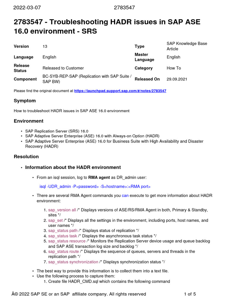 Troubleshooting Hadr Issues In Sap Ase 16 0 Environment Srs Pdf Replication Computing