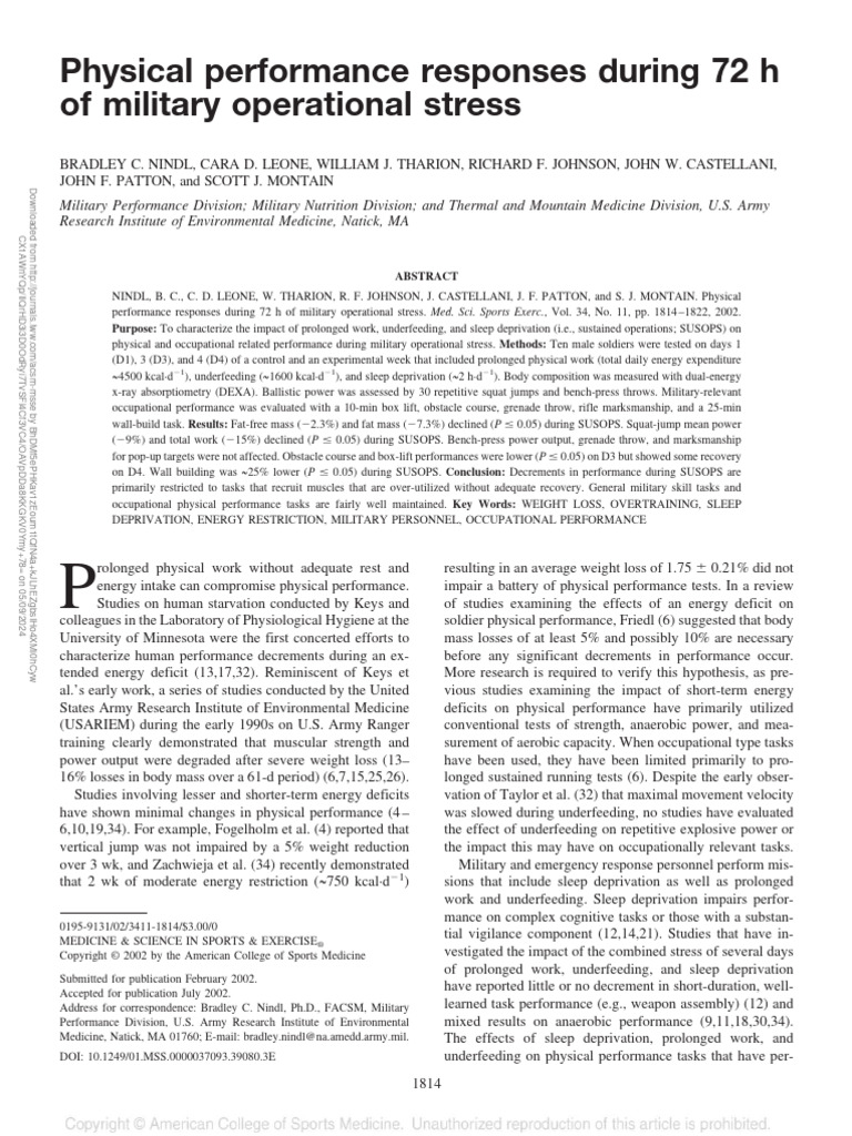 Physical Performance Responses During 72 H of Military Operational ...