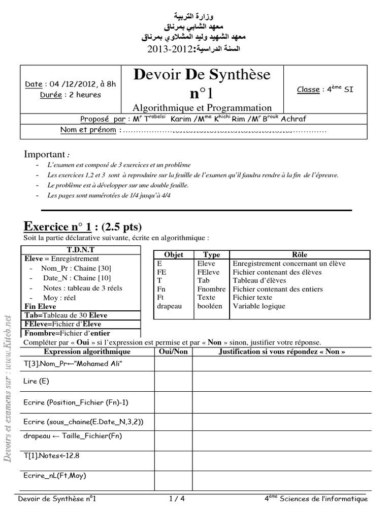 Devoir 497 ds1 Algo Programmation 4eme Informatique 2012 12 04 | PDF | Code (information ...