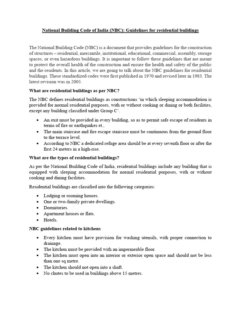National Building Code of India (NBC) : Guidelines For Residential ...