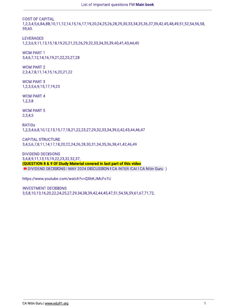 FM Important Question List by Nitin Guru | PDF