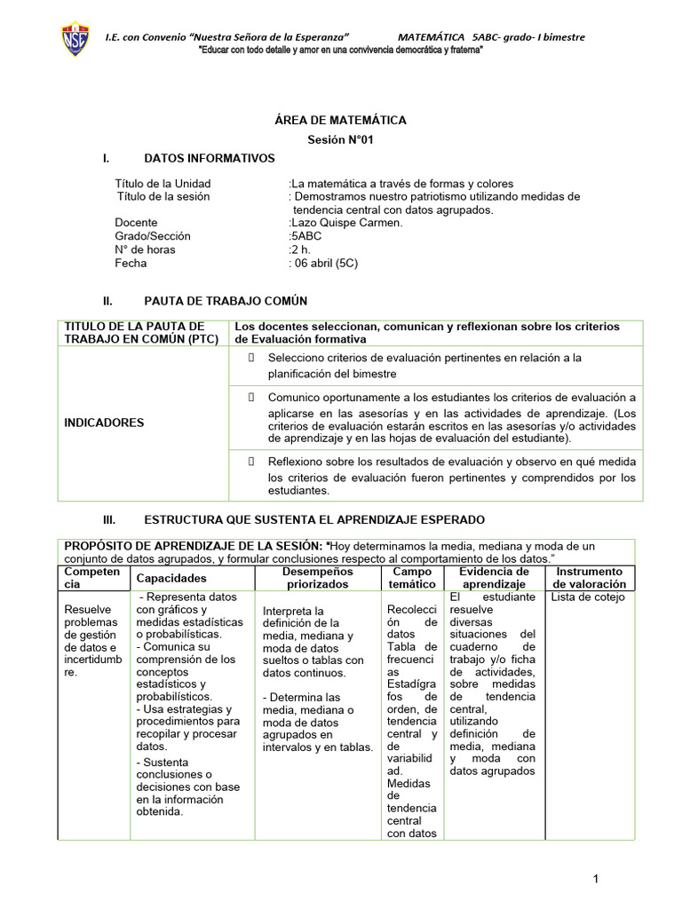 5abc - Mat - Sesion - Ii Unidad - Bim 1 - 2024. | PDF | Evaluación ...