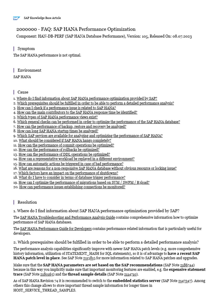 FAQ SAP HANA Performance Optimization | Download Free PDF | Databases | Replication (Computing)