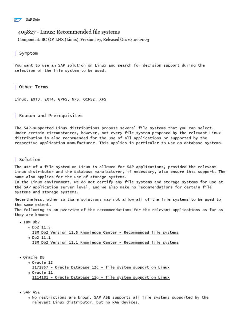 405827 - Linux Recommended file systems for SAP system | PDF | File System | Oracle Corporation