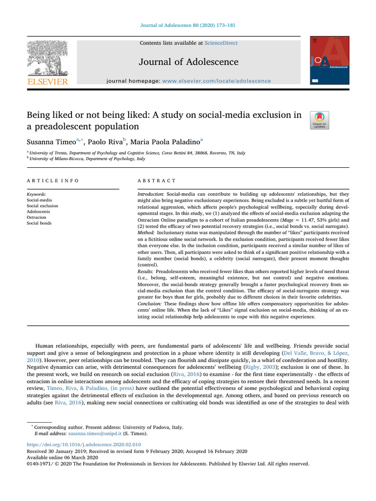 Being Liked or Being Unliked: A Study On Social Media Exclusion On Pre ...