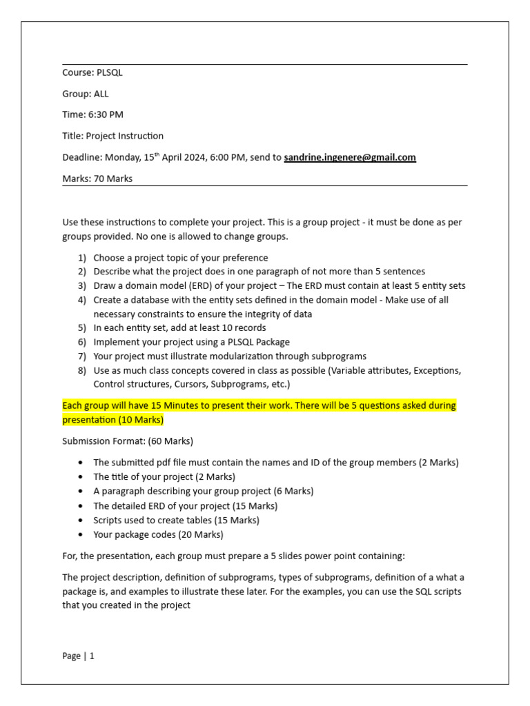 PLSQL Group Project Instructions | PDF | Pl/Sql | Software Engineering