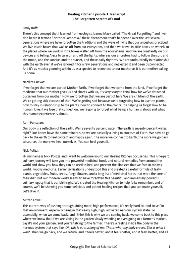 Healing Kitchen Episode 1 Transcript | PDF | Taste | Foods
