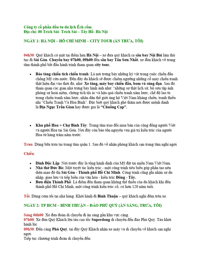 Lich Trinh Tour Hanoi - Phu Quy 4n3d | PDF