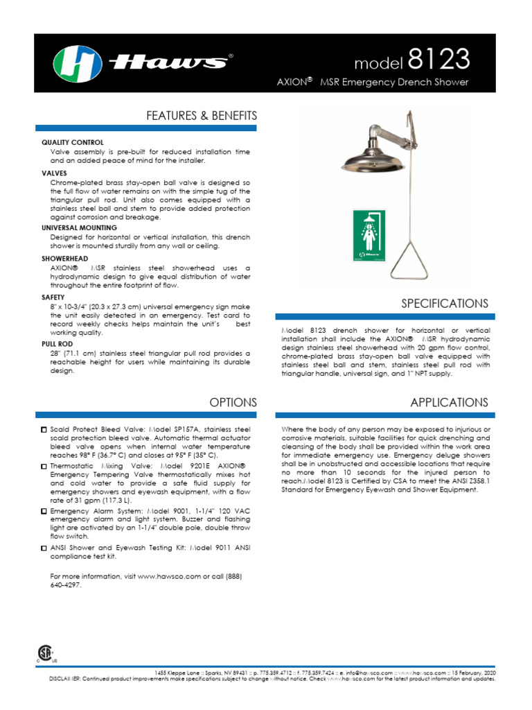 Haws Model 8123 Specsheet PDF | PDF | Valve | Shower
