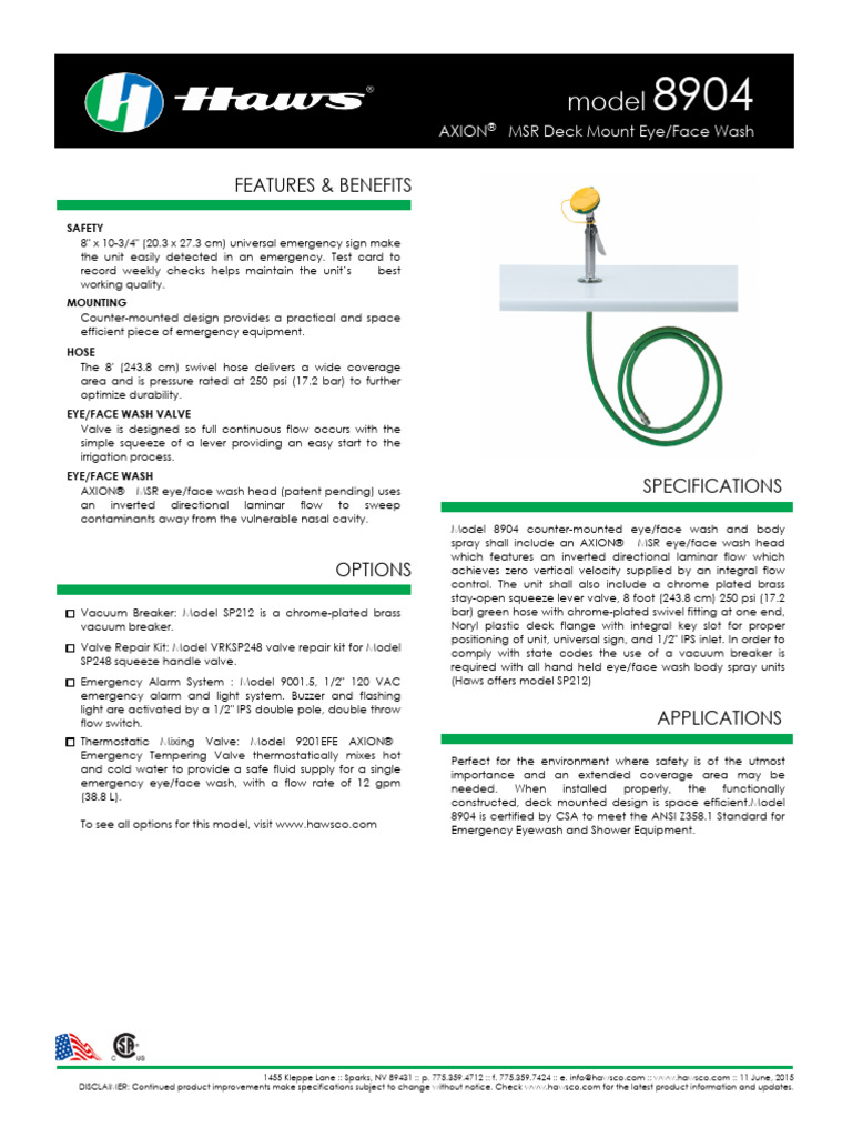 Haws 8904 AXION MSR Counter Mount Eyewash Station and Body Spray Head ...