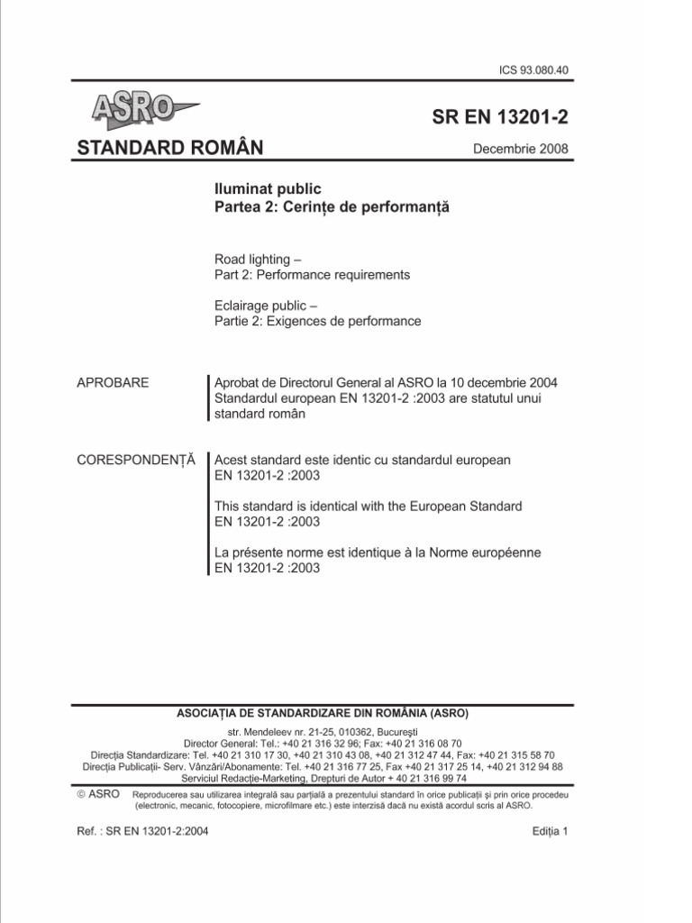 SR EN 13201-2 Iluminatul Public. Partea 2 - Cerinte de Performanta 2008 | PDF