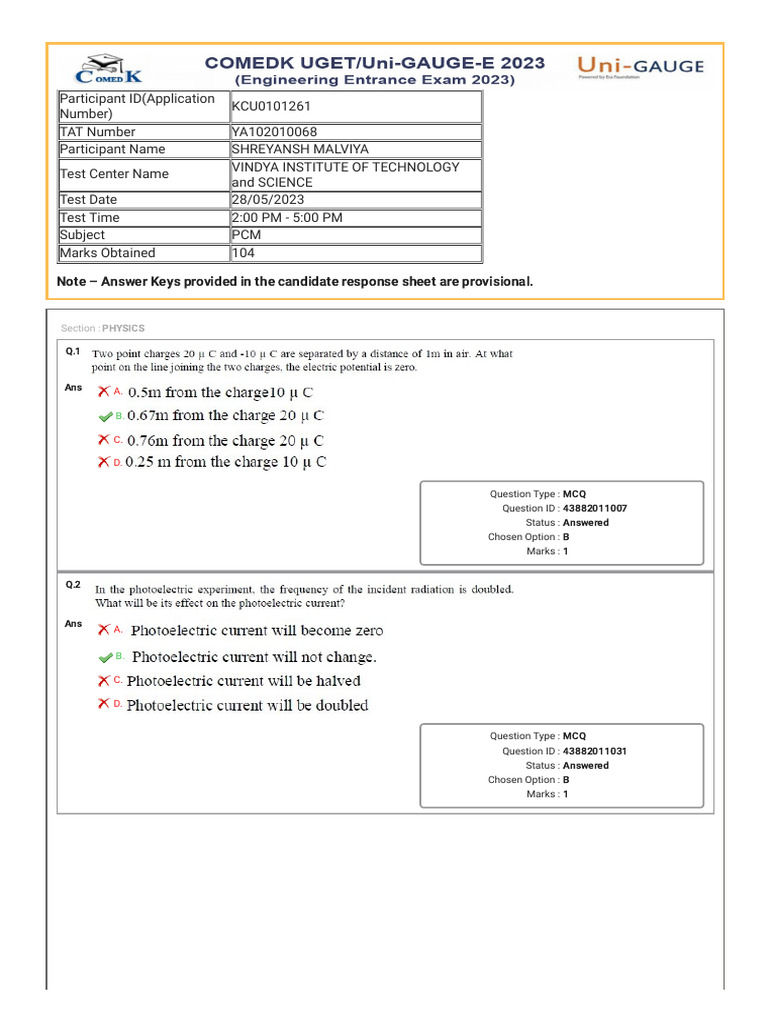 COMEDK 2023 Response Sheet Shift2 | PDF | Multiple Choice | Educational ...