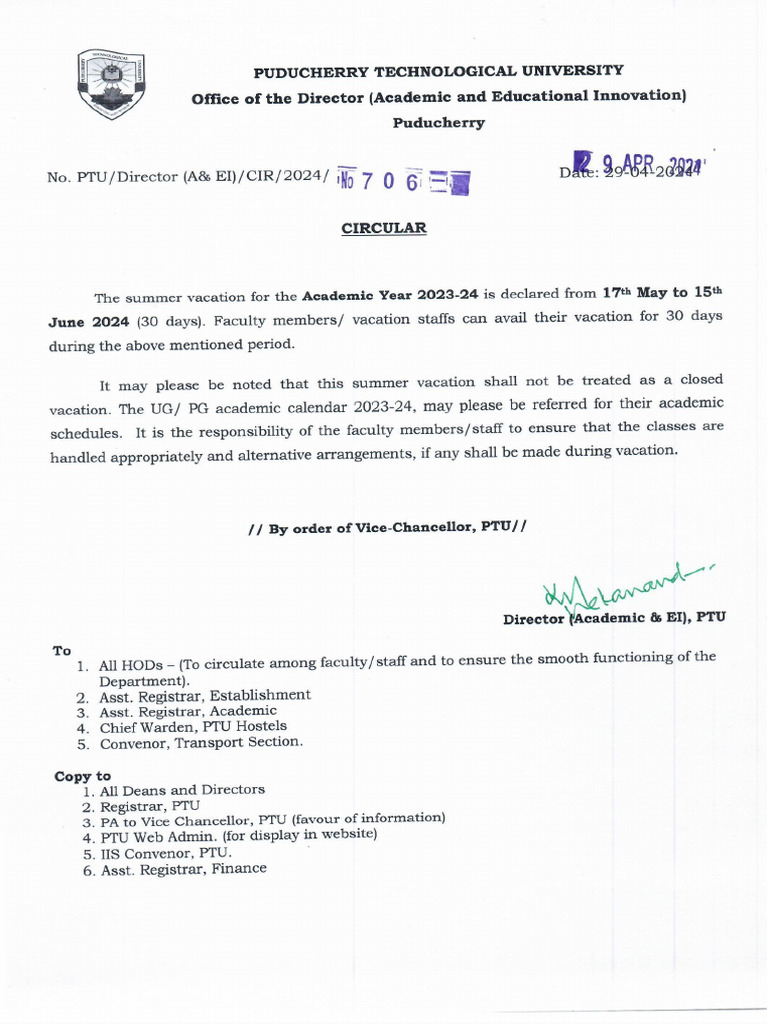 Summer Vacation Circular | PDF