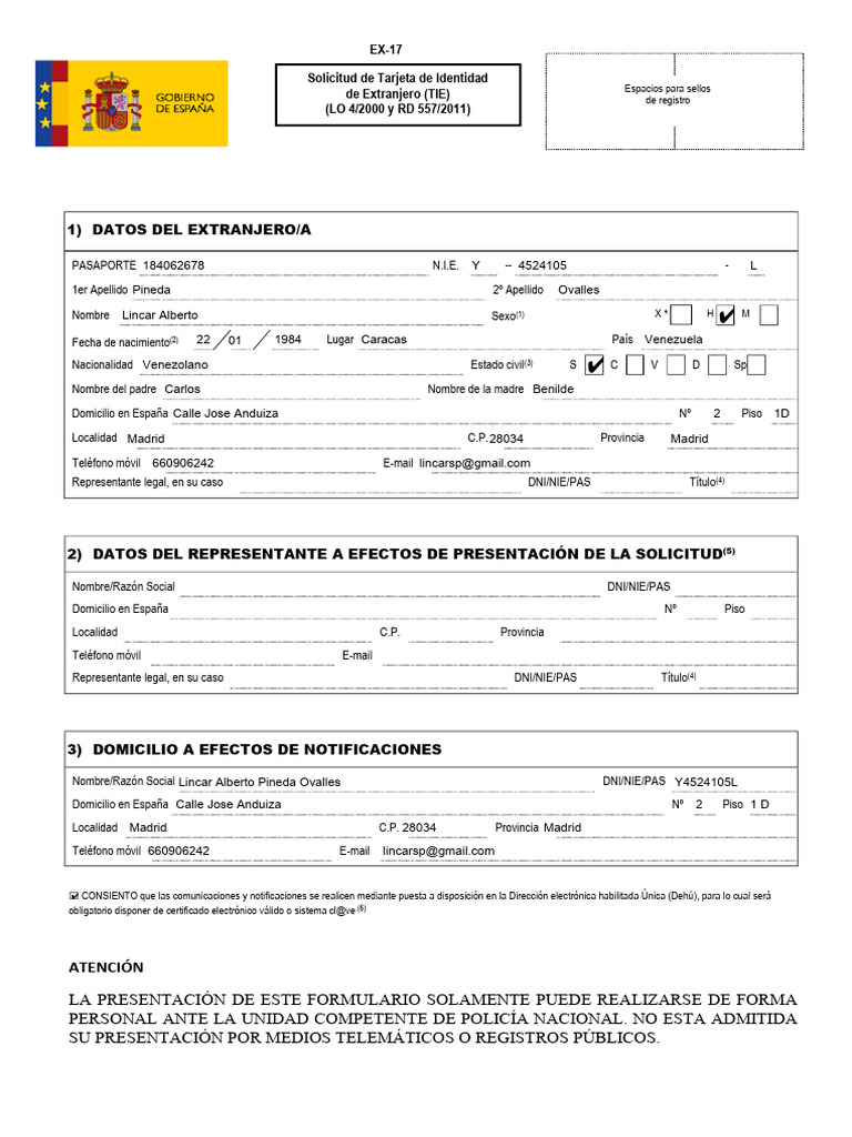 Solicitud Formulario EX-17 TIE | PDF | Documento de identidad | Gobierno