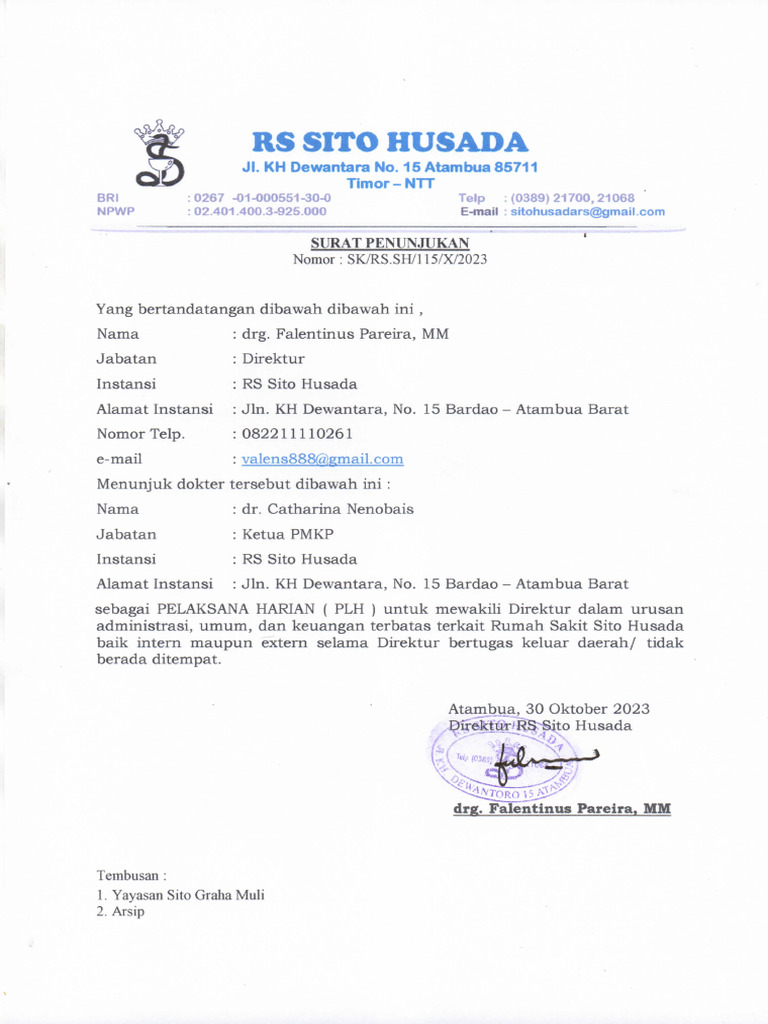 Surat Penunjukan PLH RS Sito Husada November 2023 | PDF