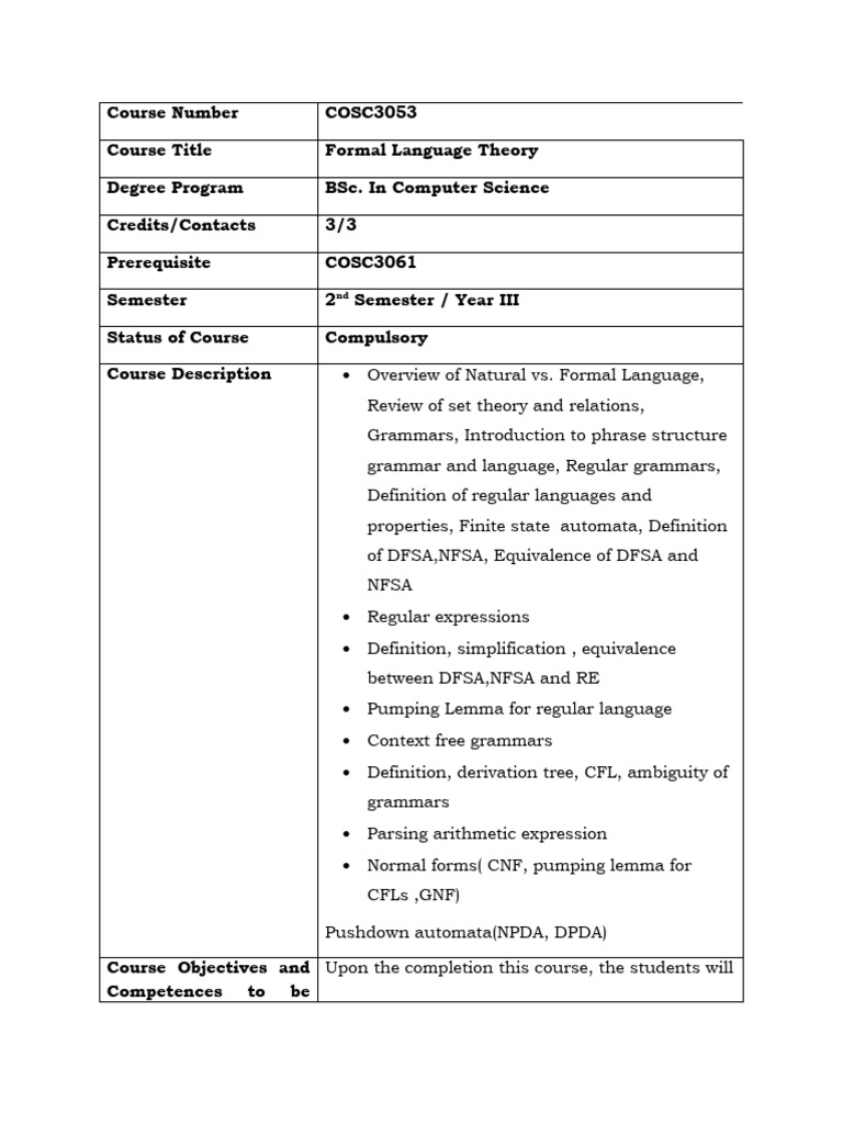 Formal Language - Course Outline | PDF | Linguistics | Mathematics