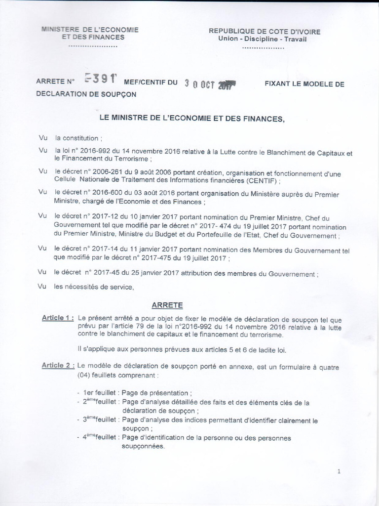 Arrete N°391 MEFCENTIF Du 03 Octobre 2017 Fixant Le Modele de ...