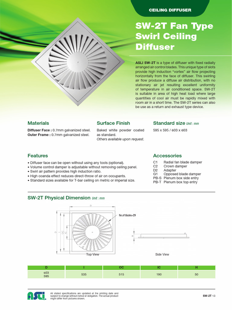 SW-2T Fan Type Swirl Ceiling Diffuser: Materials Standard Size Surface Finish | PDF | Mechanical ...