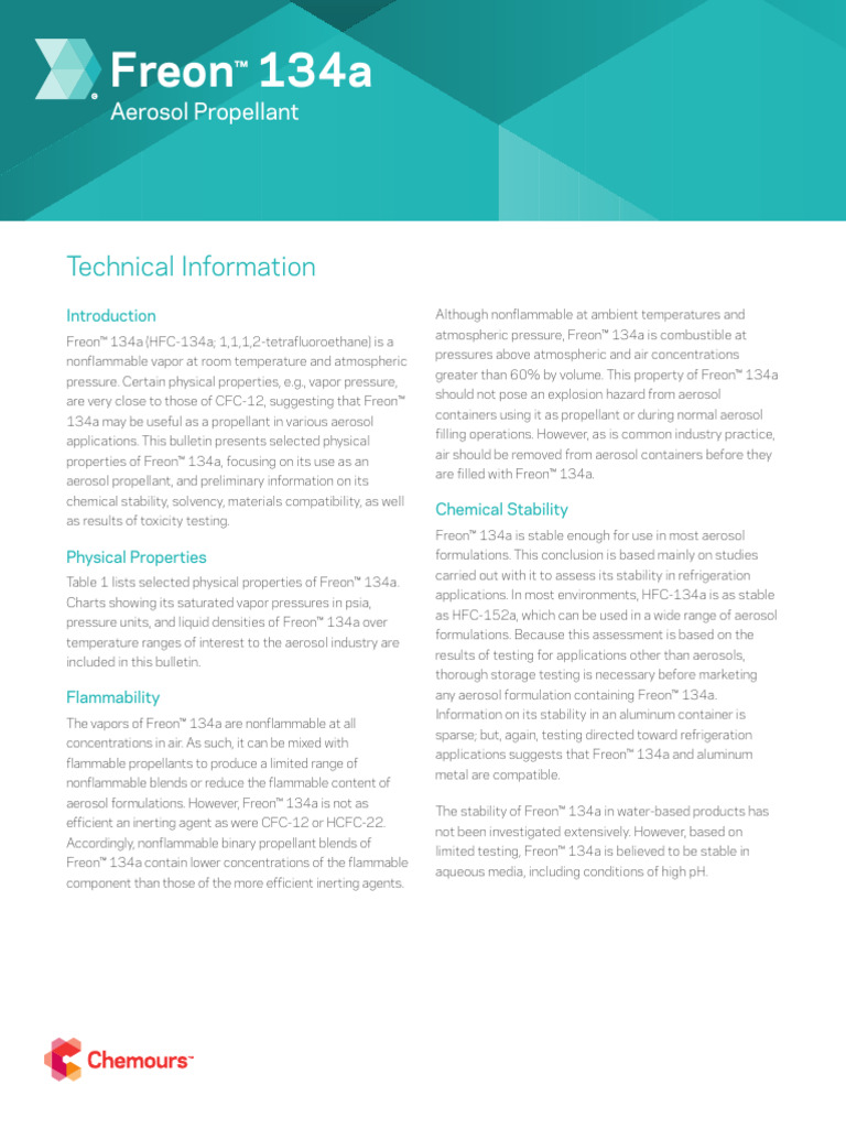 Freon 134a Technical Information | PDF | Chlorofluorocarbon | Propellant