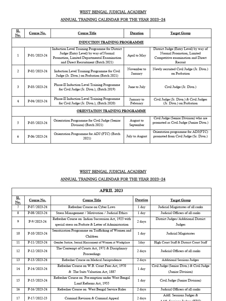 Annual Training Calendar WBJA - 2023-24 | PDF | Judge | Magistrate