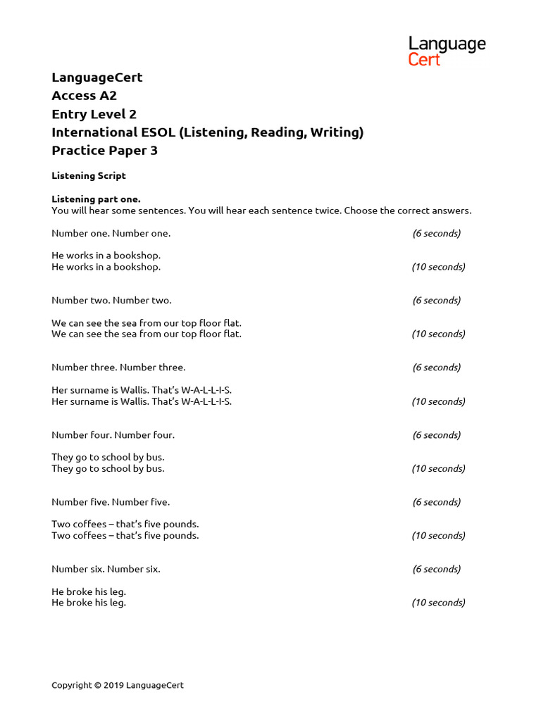 MT LanguageCert A2 Access - Test 3 - Listening Script | PDF