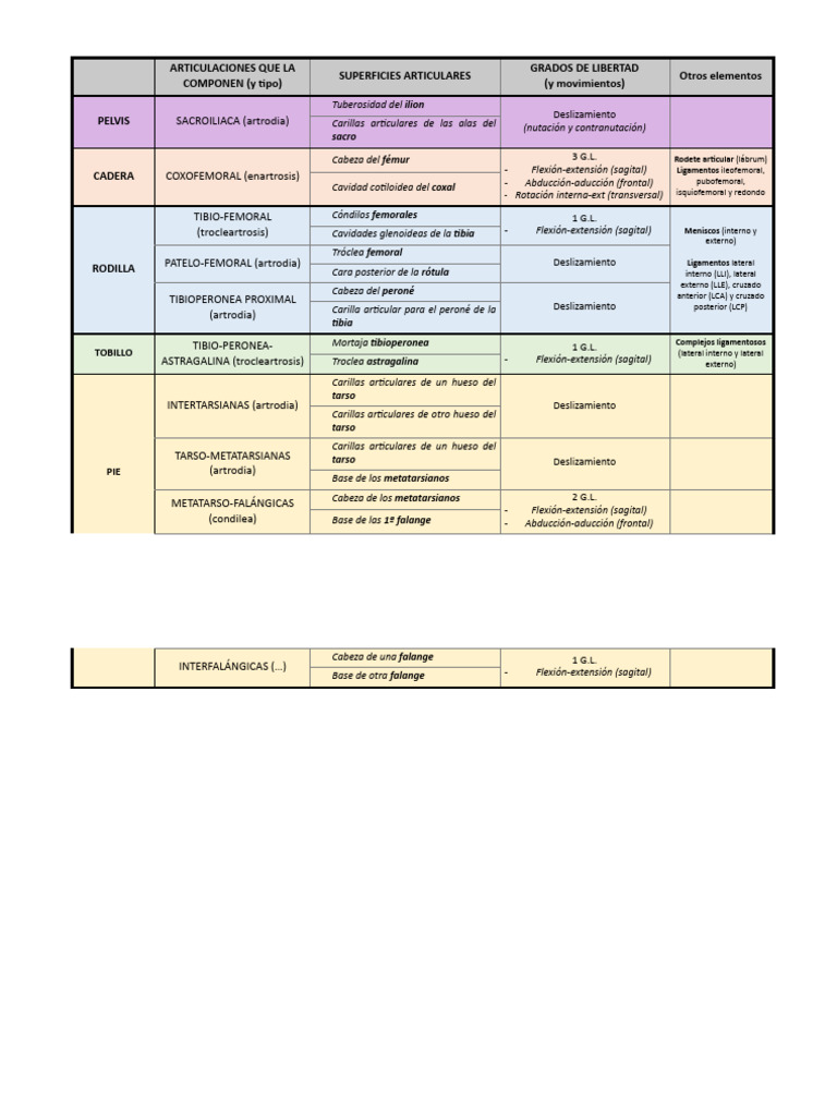 Tarea 9. Cuadro de Articulaciones Del Miembro Inferior | PDF | Rodilla | Extremidades (anatomía)