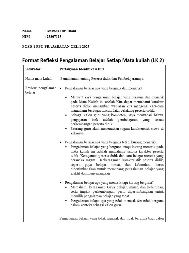 LK2 Format Refleksi PPDP | PDF