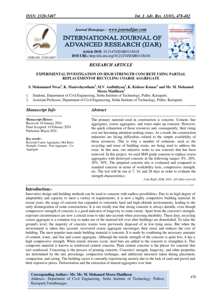 Experimental Investigation On High Strength Concrete Using Partial Replacement of Recycling ...