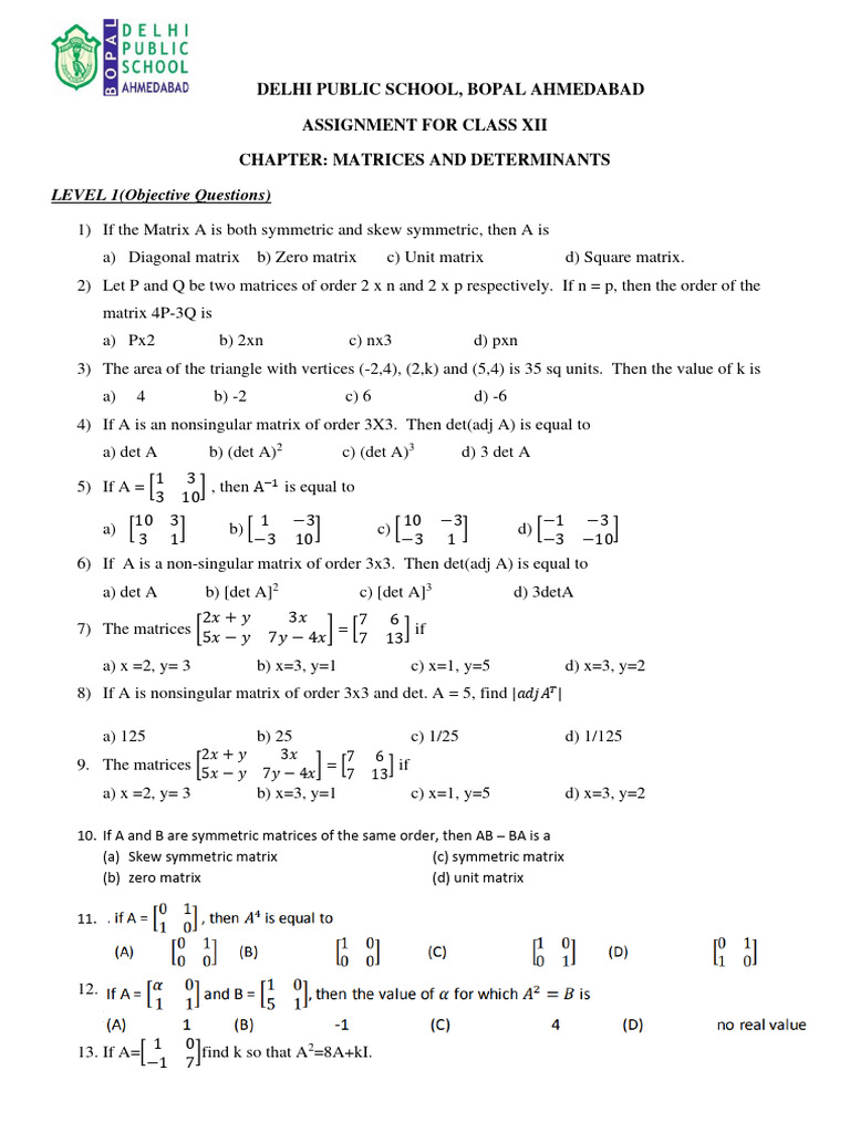 Assignment of Matrx and Determinants - XII - 2024-25 | Download Free PDF | Matrix (Mathematics ...