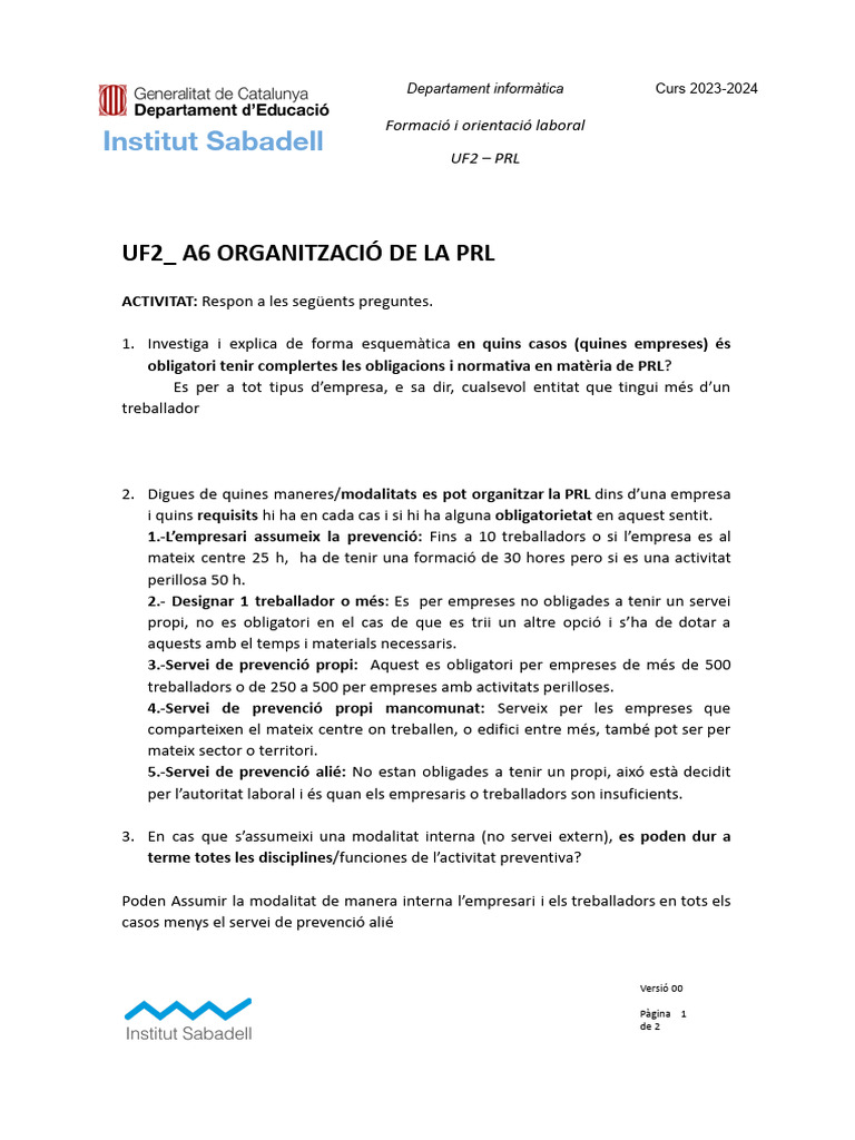 Còpia de UF2 - A6 Organització de La PRL | PDF