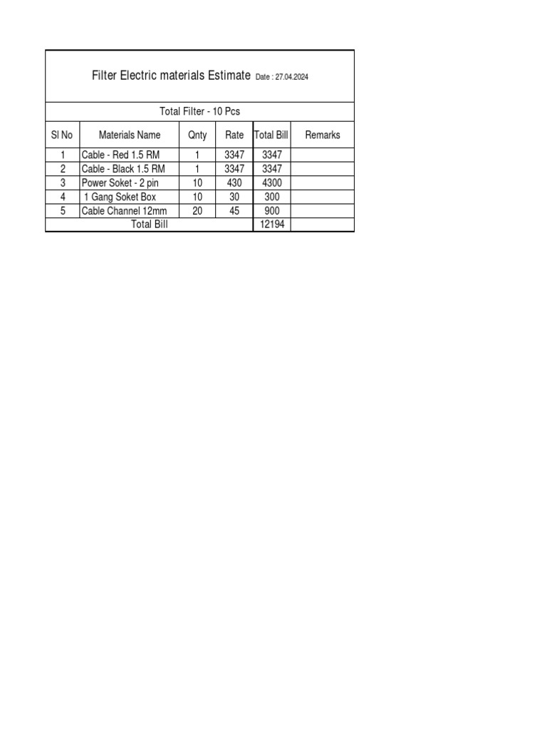 Filter Elc Materials Estimate | PDF