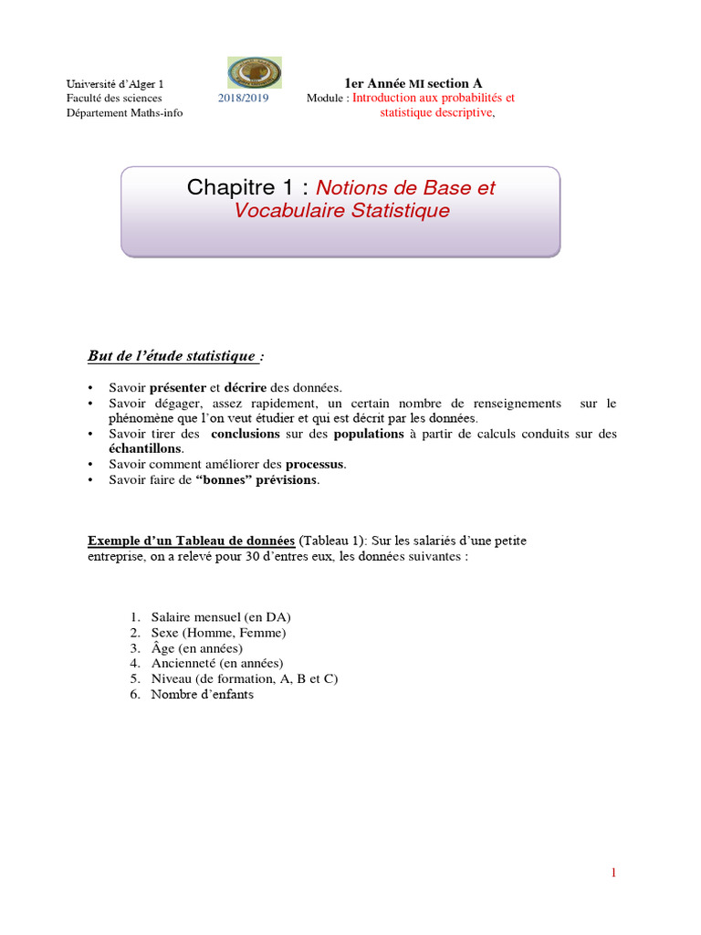 Introduction à la Statistique | PDF | Moyenne | Loi de probabilité