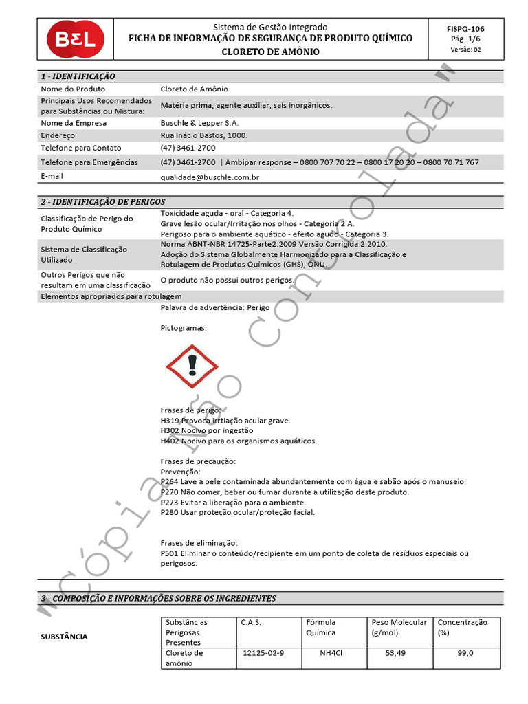Fispq-106 - 02 - Fispq - Cloreto de Amônio | PDF | Embalagem e rotulagem | Química