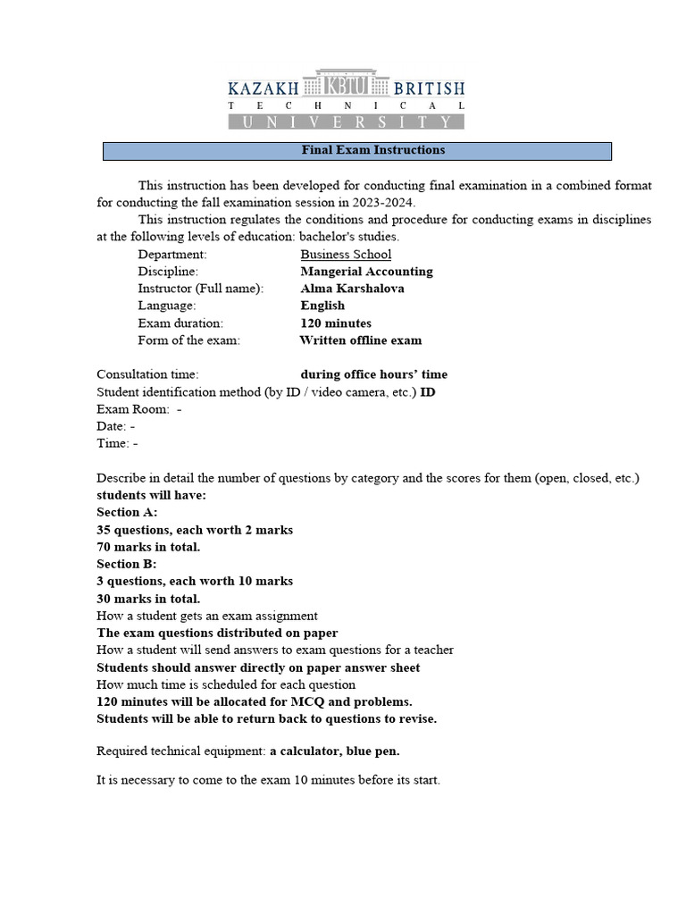 Final Exam Instructions 2024 Spring ManAcc | PDF