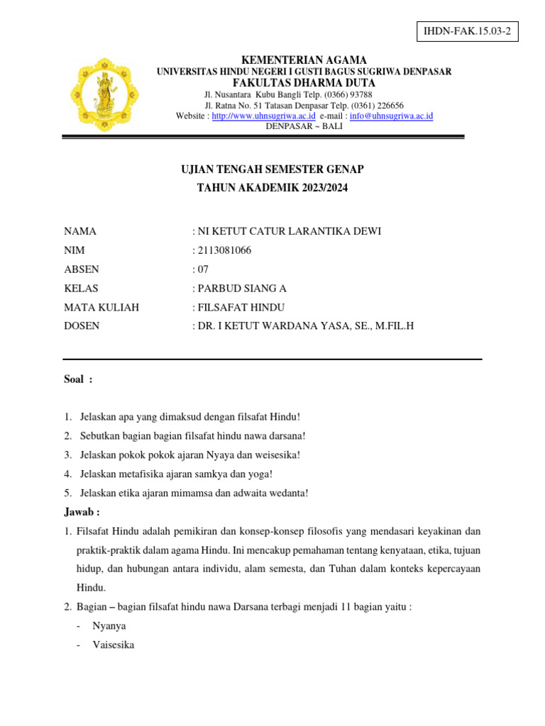 07 - Ni Ketut Catur Larantika Dewi - UTS Filsafat Hindu | PDF