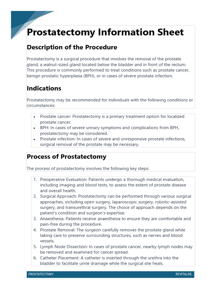 Info Sheet Cancer Prostatectomy | PDF | Prostate | Surgery
