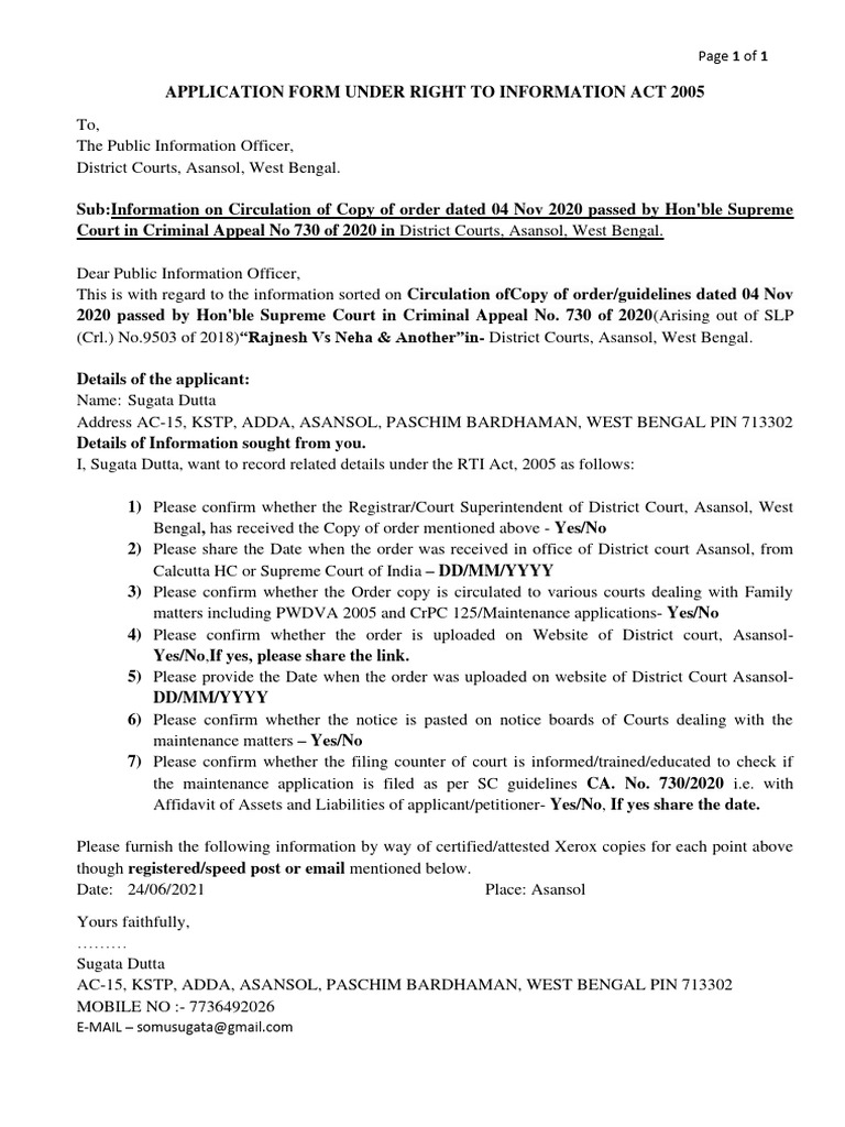 RTI Application for Court Order Details | PDF | Government | Judiciaries