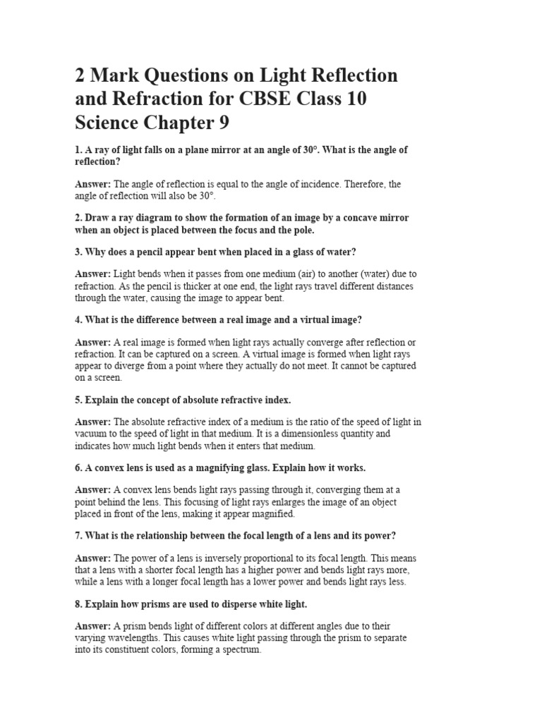 2 Mark Questions On Light Reflection and Refraction For CBSE Class 10 ...